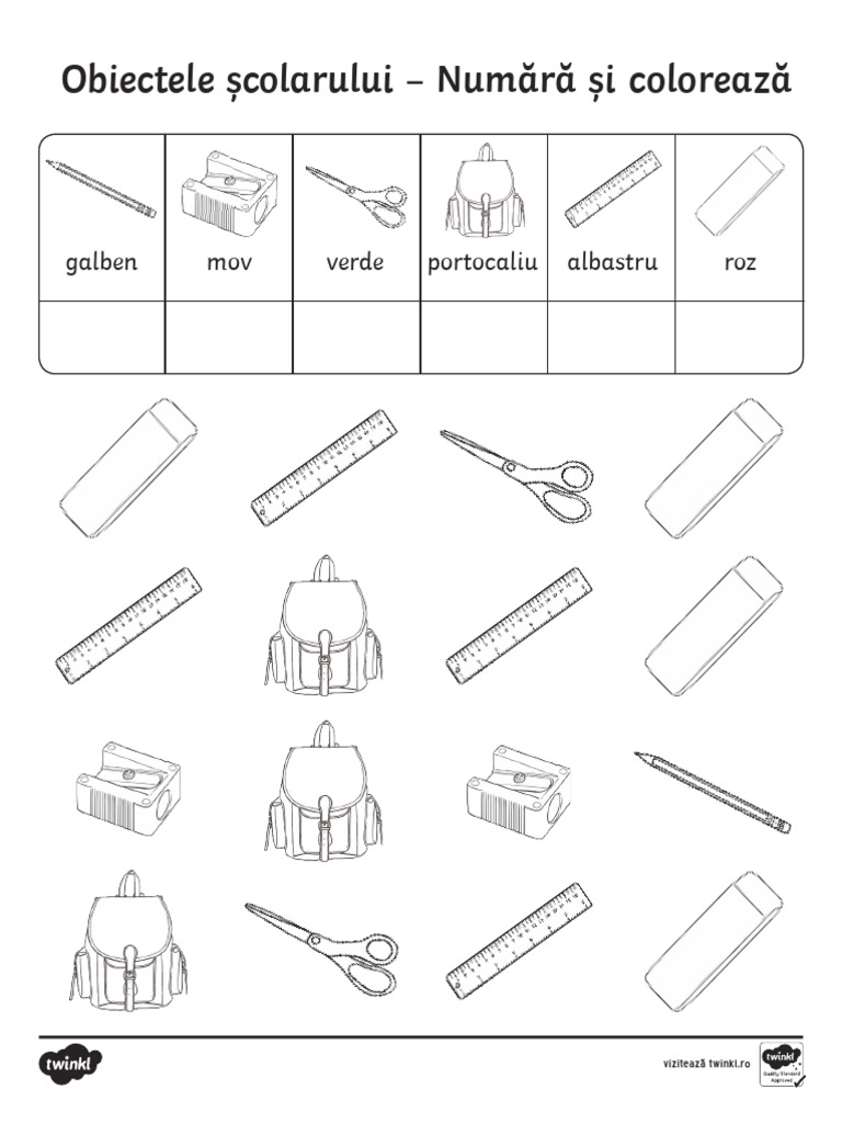 Obiectele scolarului - Numara si coloreaza - Fisa de lucru | PDF