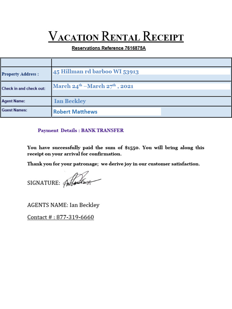 Vacation Rental Receipt for Booking 7616875A | PDF | Law