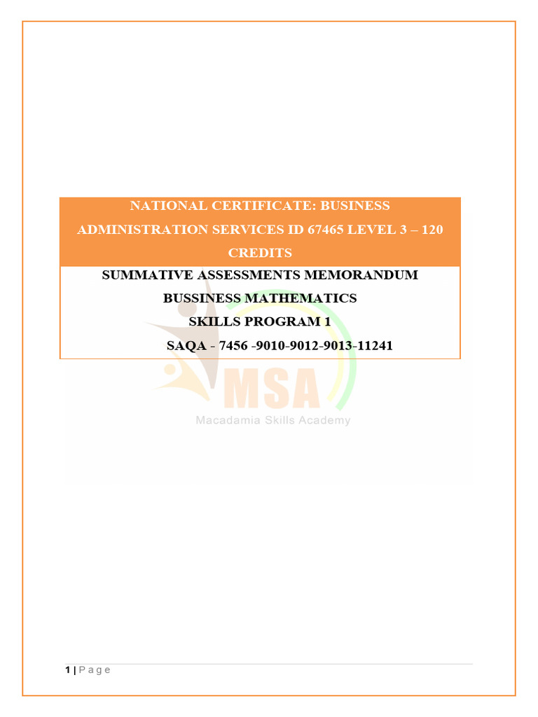 SAQA - 7456 - 9010-9012-9013-11241 - Summative Assessments Memorandum | PDF