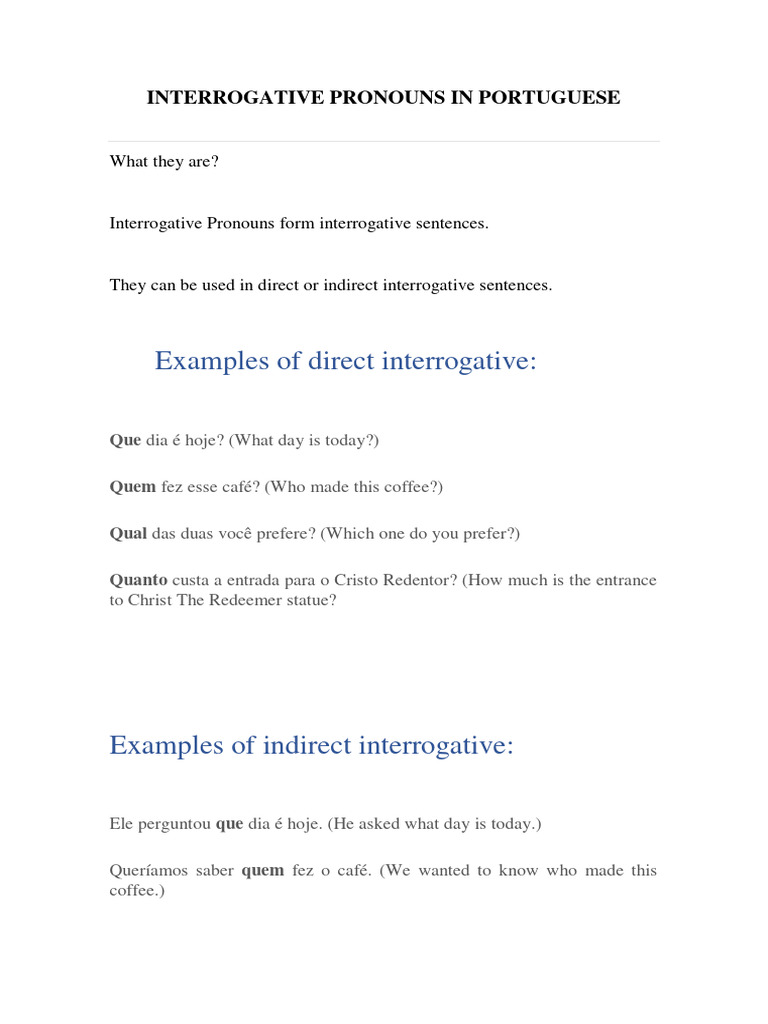 INTERROGATIVE PRONOUNS IN PORTUGUESE | PDF