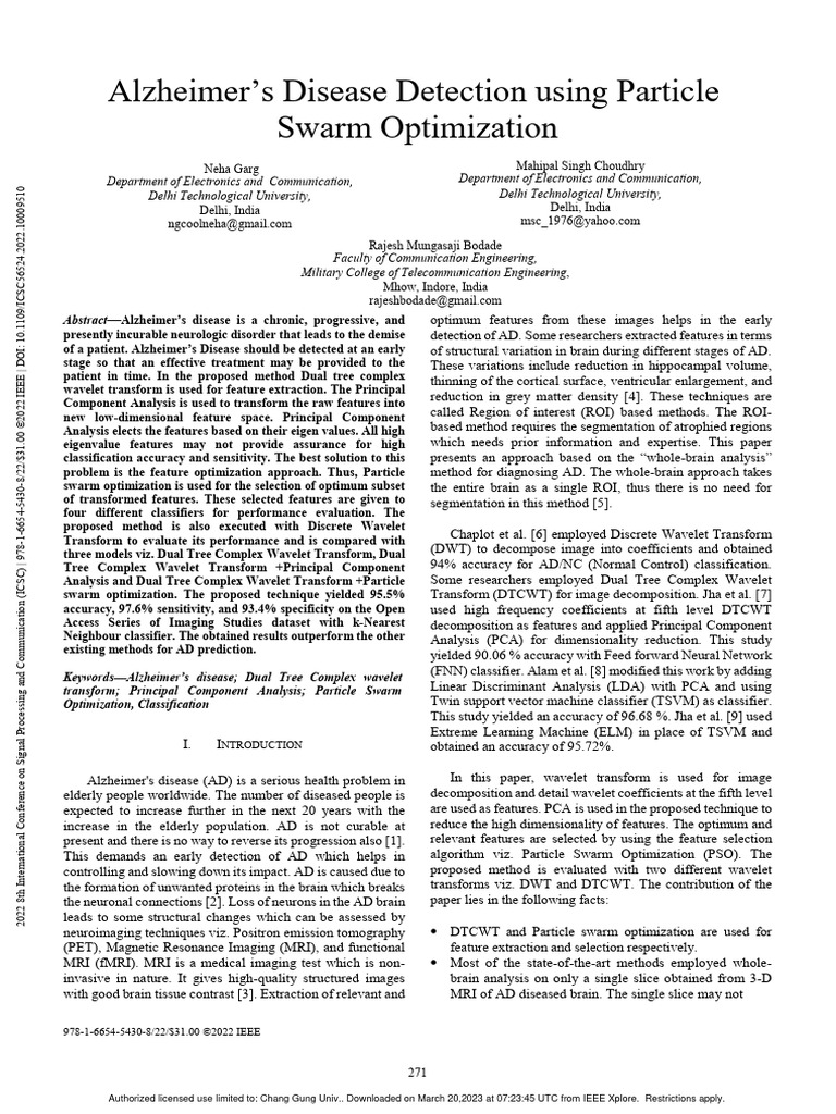 Alzheimers Disease Detection Using Particle Swarm Optimization | PDF
