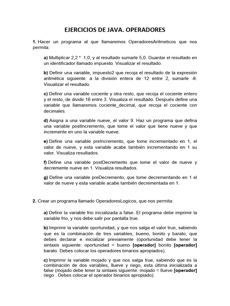 Ejercicios de Java: Operadores Aritméticos y Lógicos | PDF | Finanzas y dinero | Métodos y ...