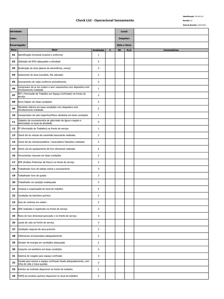 FR 16 011 Checklist Operacional Saneamento - Rev01 | PDF