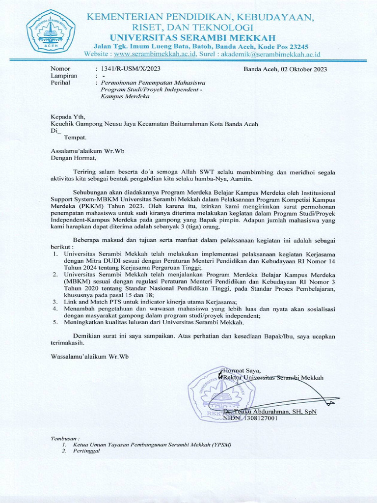 Surat Permohonan Penempatan Mahasiswa Program Studi - Proyek ...