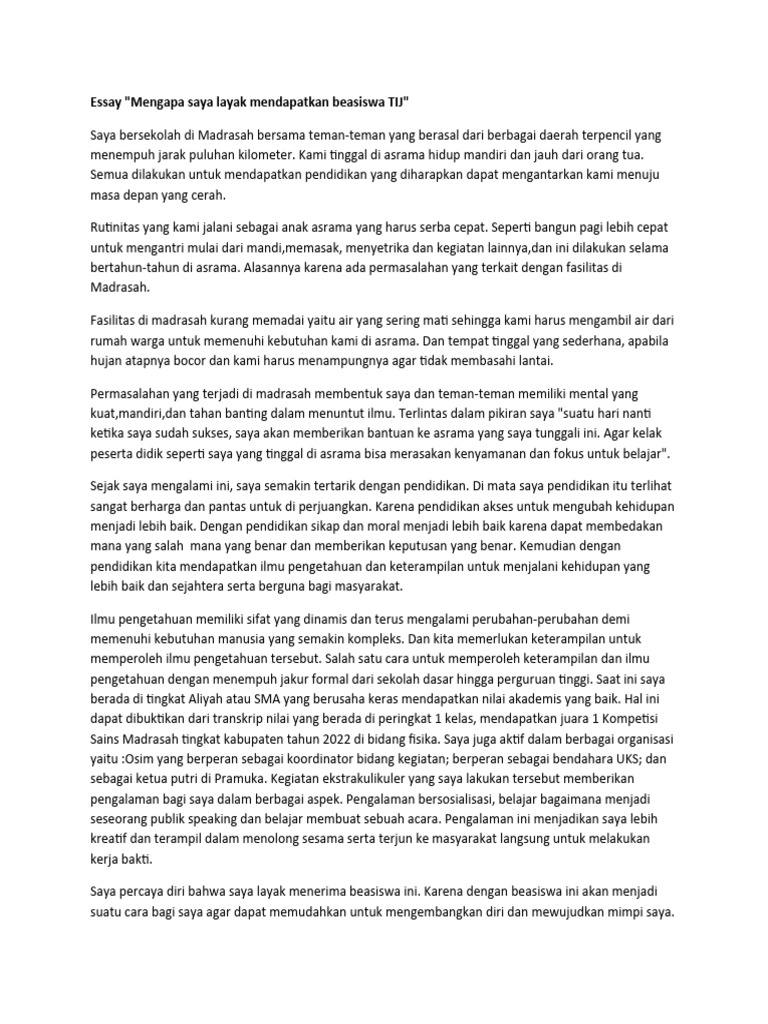 Essay - Mengapa Saya Layak Mendapatkan Beasiswa | PDF