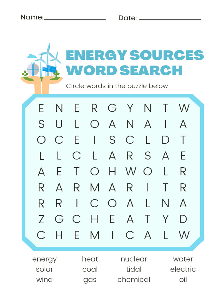 Energy Sources Word Search Worksheet | PDF