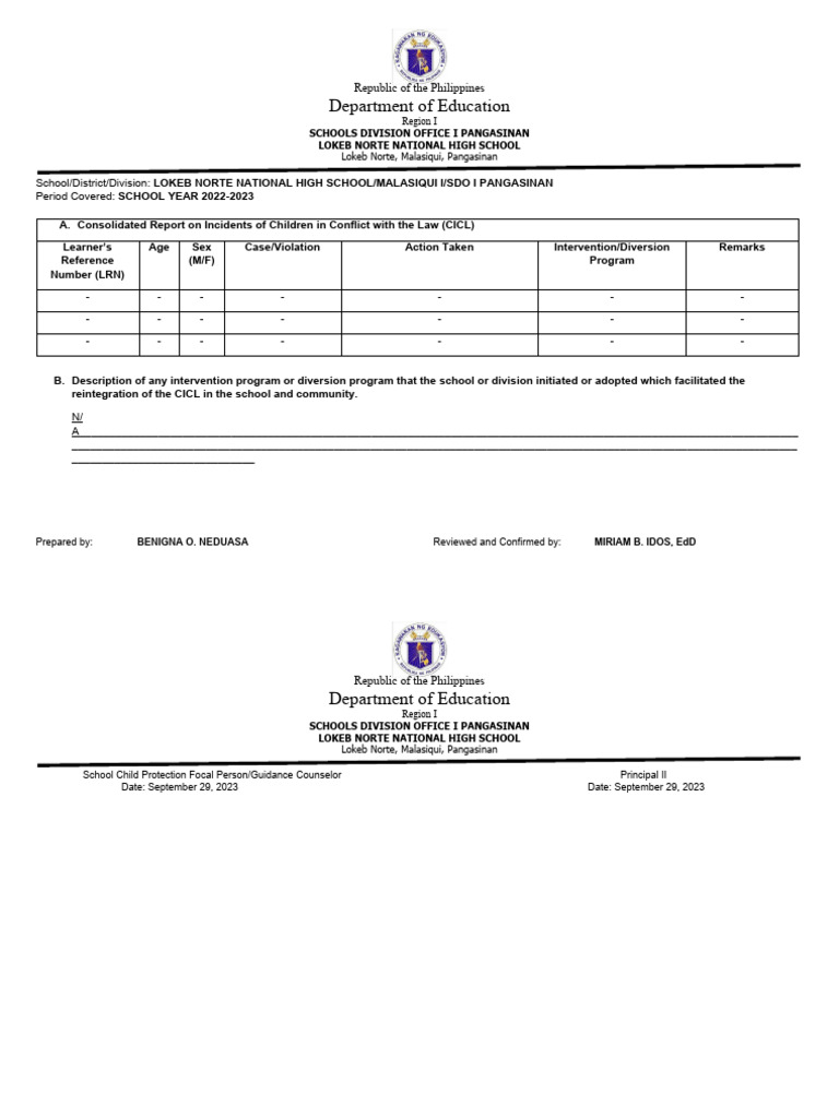 Consolidater Report On Incidents of Children in Conflict With The Law ...