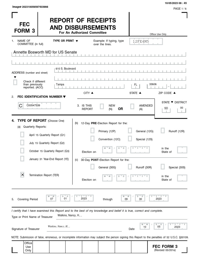 FEC Termination Filing For Annette Bosworth MD | PDF