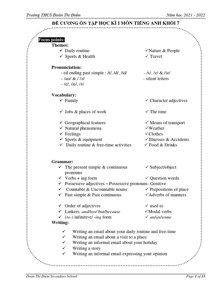 K7 - 7 - TIENG ANH - de Cuong On Tap Hoc Ki 1 - 2122 | PDF