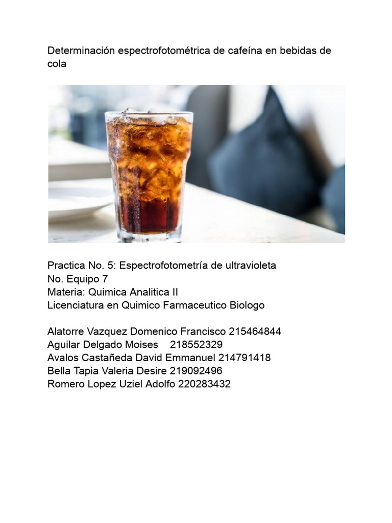 Determinación de cafeína en bebidas cola | PDF | Espectrofotometria ...