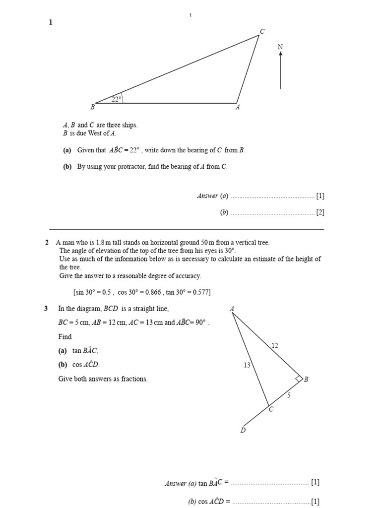 Trigonometry Past Paper 1 Questions | PDF | Triangle | Euclidean Plane Geometry