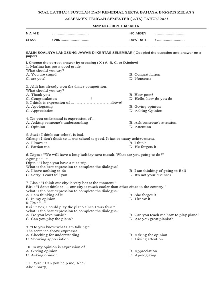 Tugas SOAL LATIHAN DAN REMEDIAL BAHASA INGGRIS KELAS 8 | PDF