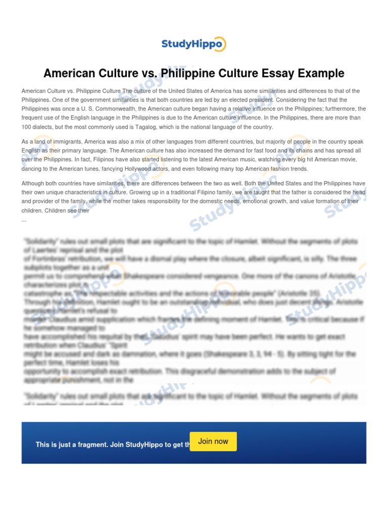 American Culture vs. Philippine Culture Essay Example | PDF