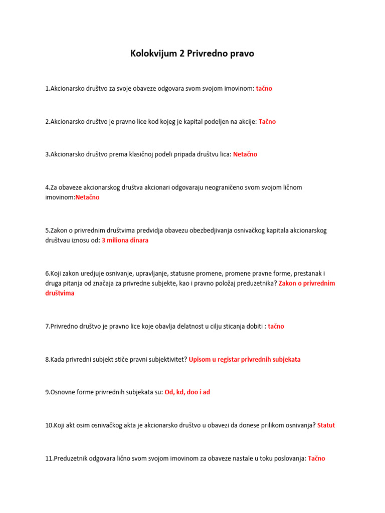 Privredno Pravo Kolokvijum 2 | PDF