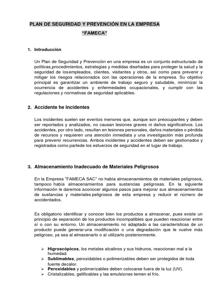 PLAN DE SEGURIDAD Y PREVENCIÓN EN LA EMPRESA entregable 1 | PDF