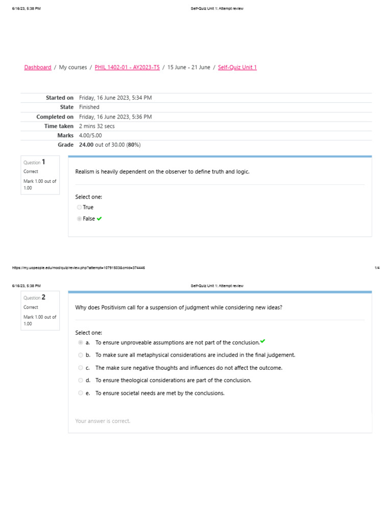 Self-Quiz Unit 1 - Attempt Review | PDF | Positivism | Cognition