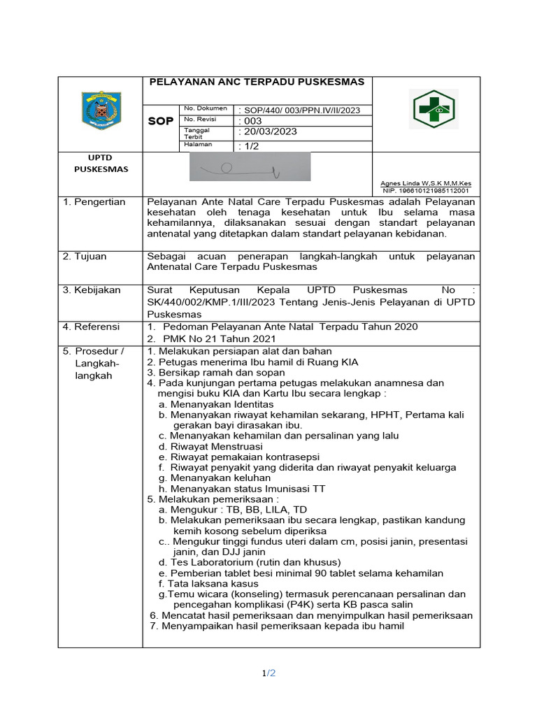 SOP PELAYANAN ANC TERPADU PUSKESMAS - Fix | PDF