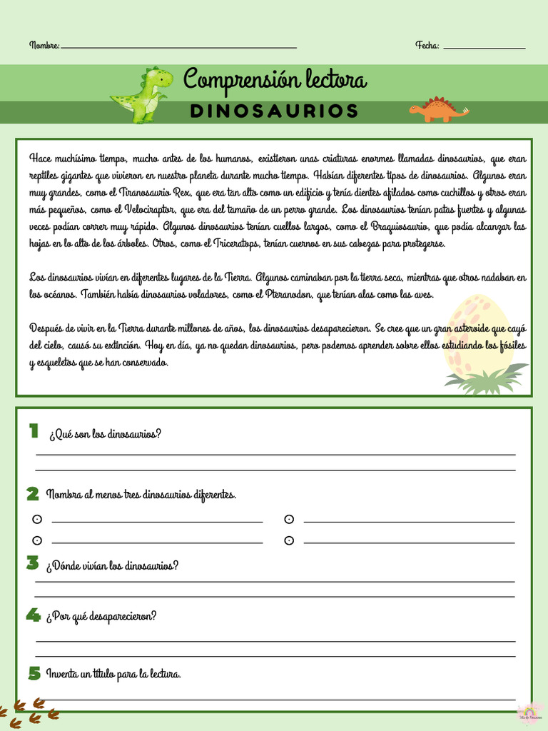 Comprensión Lectora: Dinosaurios | PDF