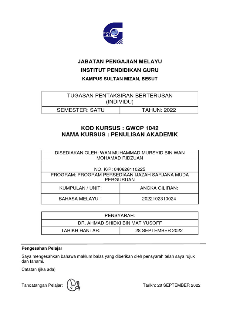 Kerja Kursus GWCP 1042 Wan Muhammad Mursyid Bin Wan Mohamad Ridzuan BM1 | PDF | Karier ...
