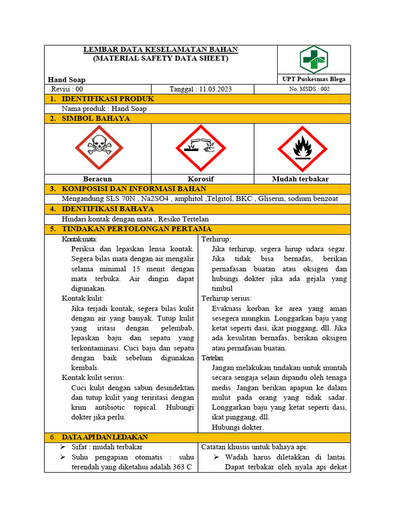 MSDS Sabun Tangan: Bahaya & Penanganan | PDF