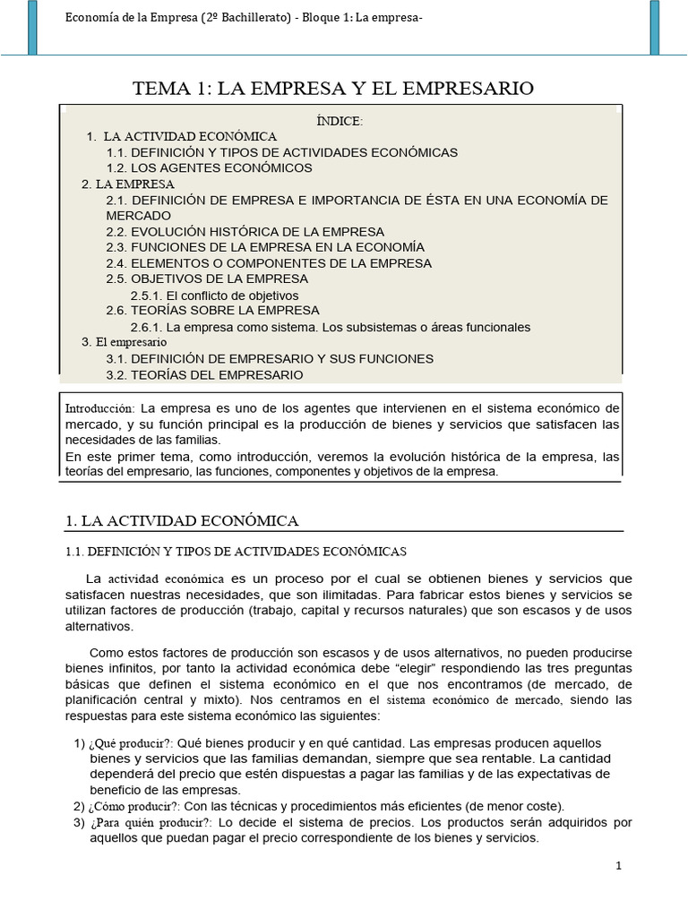 Tema 1. La Empresa y El Empresario. | PDF | Business | Negocios económicos
