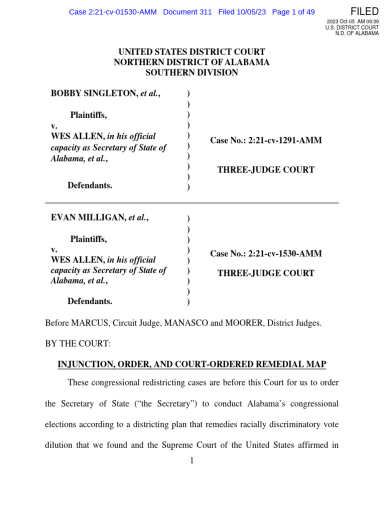 Milligan 2023-10-05 Injunction Order and Court Ordered Remedial Map | PDF | Voting Rights Act Of ...