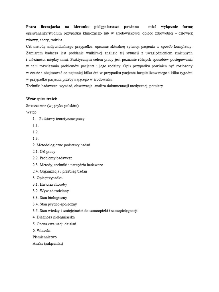 Praca Licencjacka Na Kierunku Pielegniarstwo | PDF