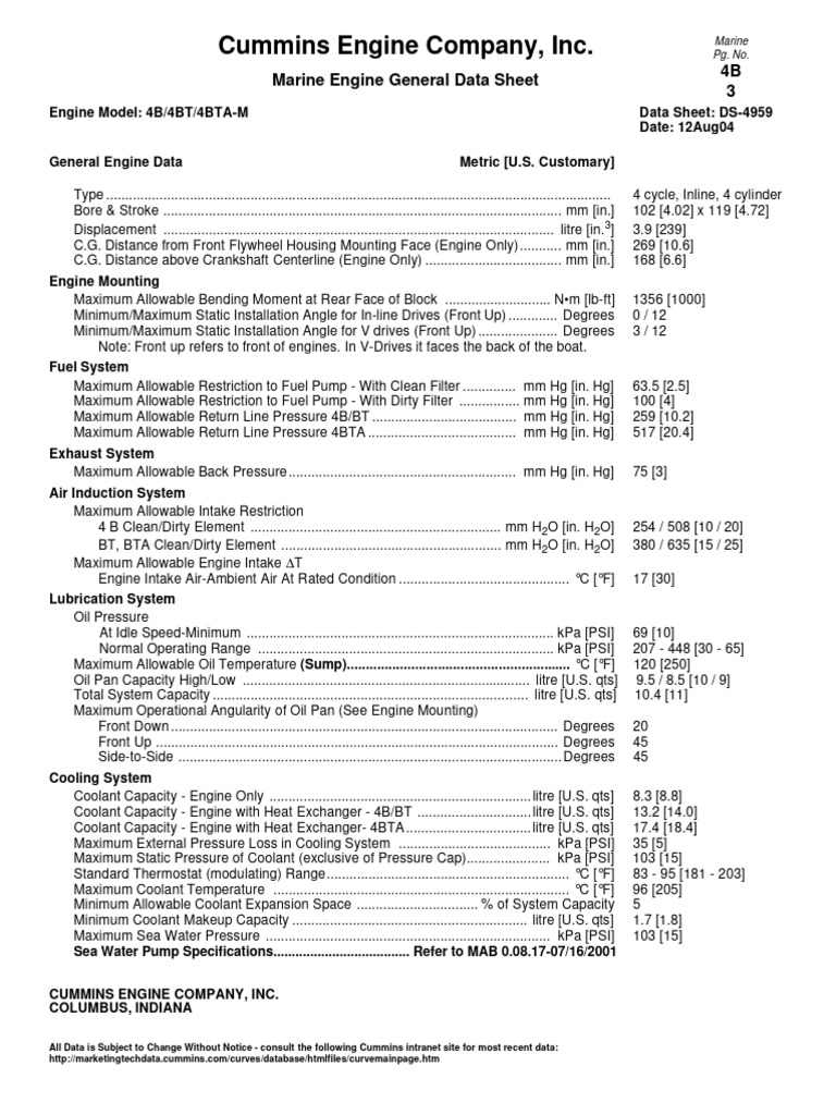 4B Series General Engine Data Sheet Aug 04 | PDF | Engines | Internal Combustion Engine
