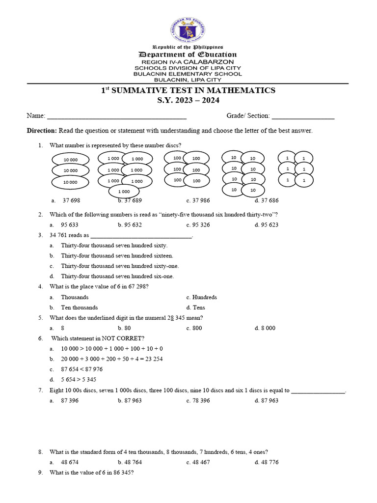 1st SUMMATIVE TEST IN MATHEMATICS | PDF