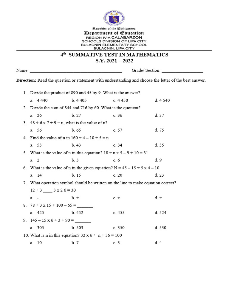 8th SUMMATIVE TEST IN MATHEMATICS | PDF | Summation | Mathematical Analysis