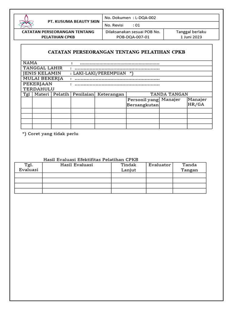 L-Dqa-002-01 Catatan Perorangan Pelatihan CPKB | PDF