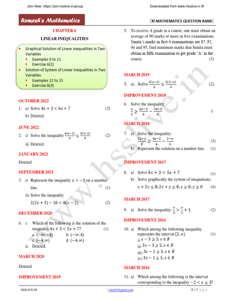 Hsslive-Xi-Maths-Qb-6. LINEAR INEQUALITIES | PDF