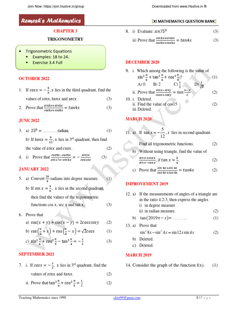 Hsslive-Xi-Maths-Qb-3. TRIGONOMETRY | PDF Hsslive-Xi-Maths-Qb-3. TRIGONOMETRY | PDF