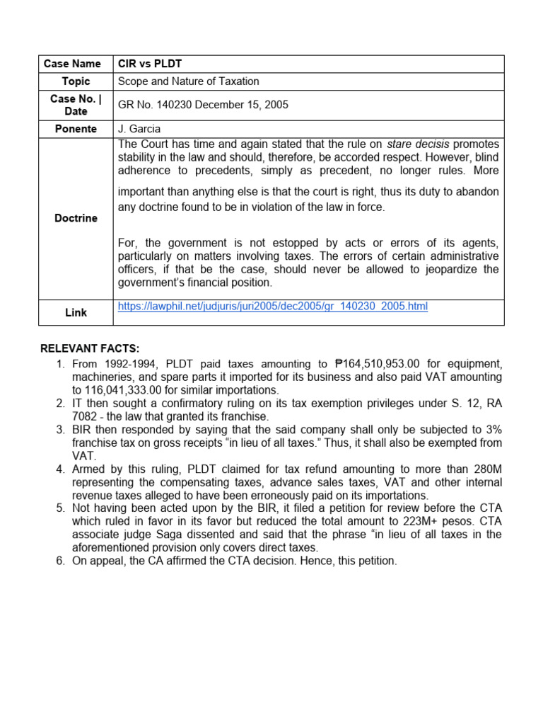 CIR Vs PLDT GR No. 140230 | PDF