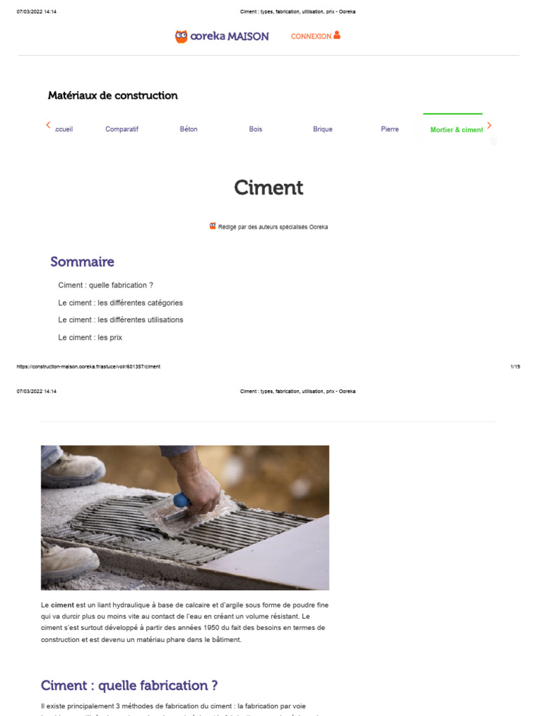 Ciment - Types, Fabrication, Utilisation, Prix - Ooreka - Copie | PDF