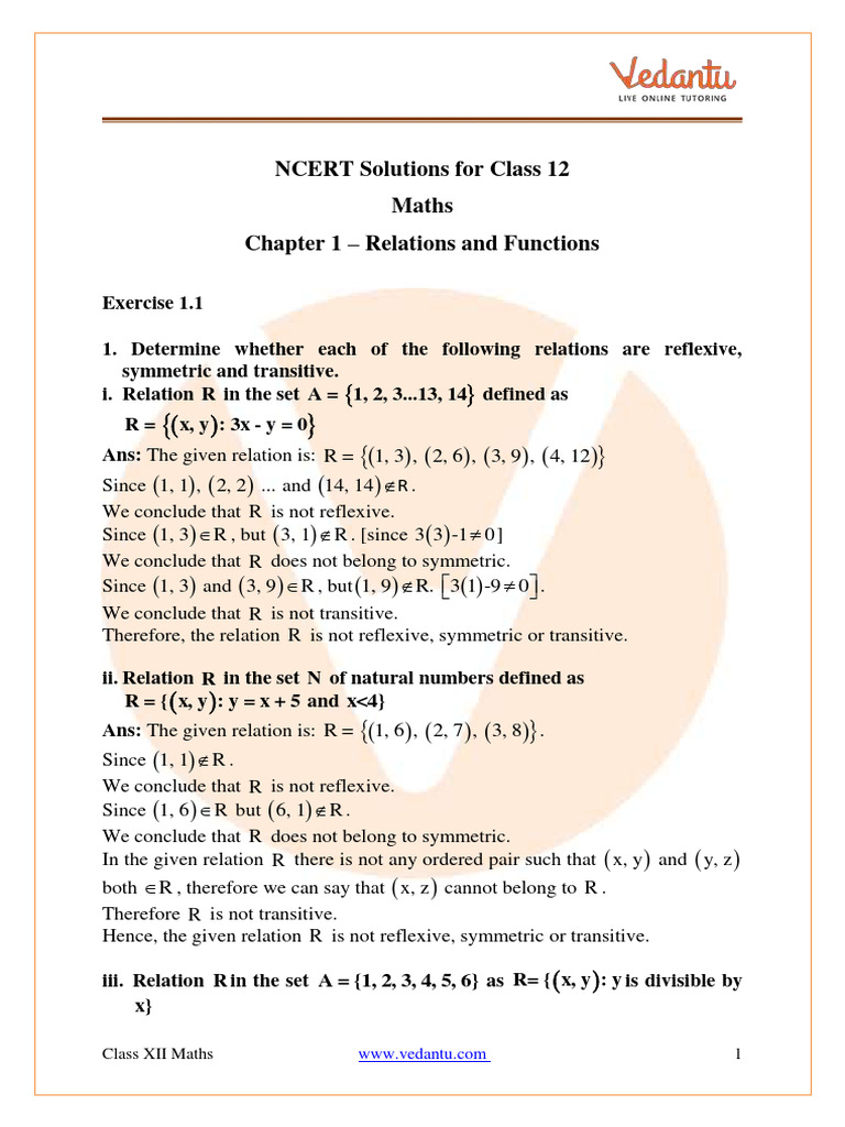 NCERT Solutions For Class 12 Maths Chapter 1 - Exercise - . | PDF