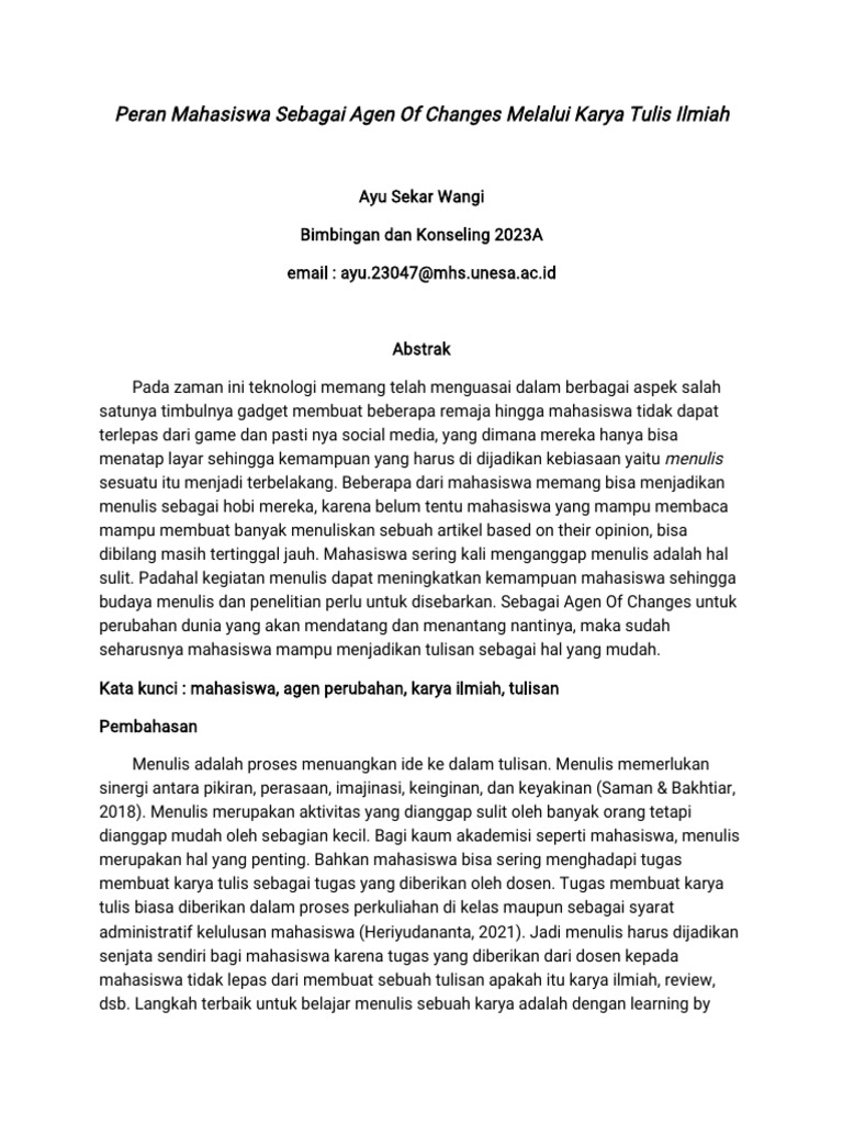 Peran Mahasiswa Sebagai Agent of Changes Melalui Karya Ilmiah - Ayu ...