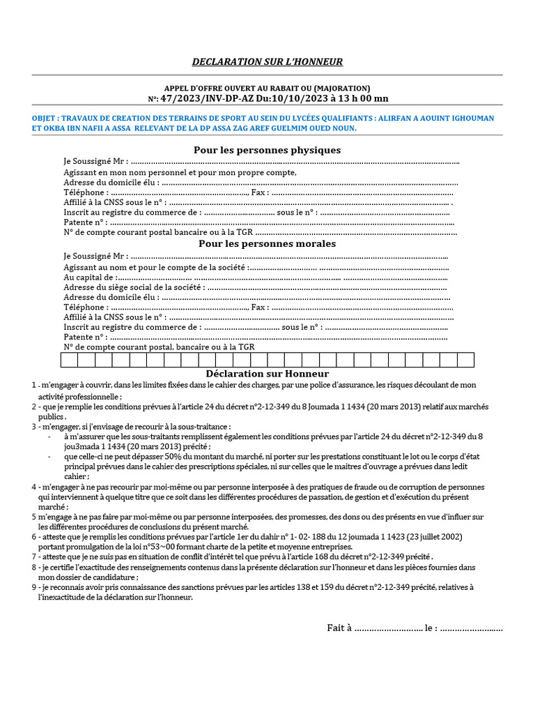 Declaration Sur L'honneur | PDF