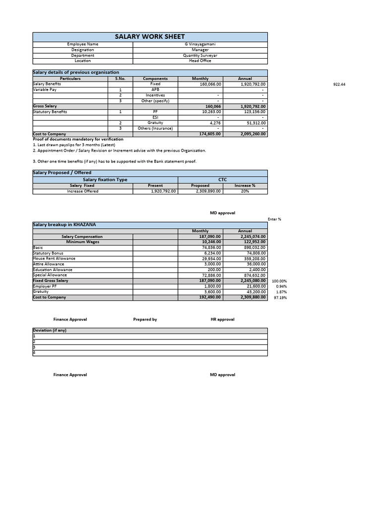 Salary Work Sheet Format | PDF | Salary | Employment