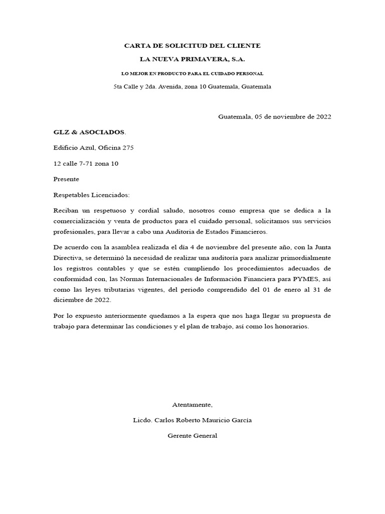 Carta de Solicitud Del Cliente | PDF