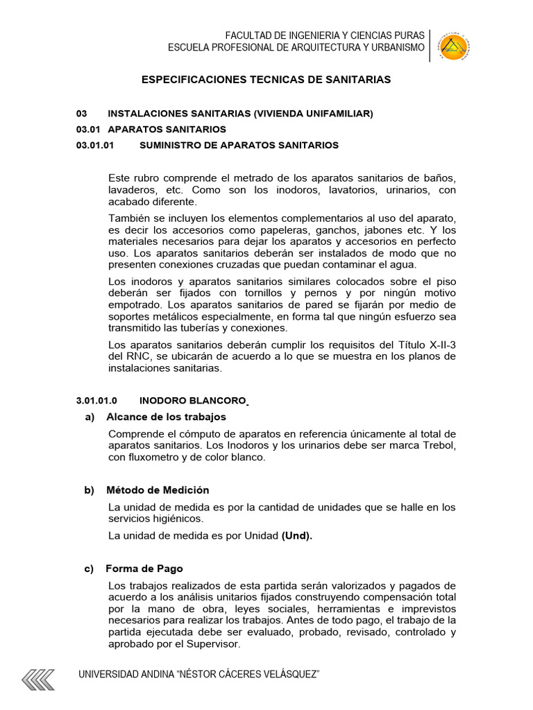 Especificaciones Tecnicas - Sanitarias | PDF | Hormigón | Agua