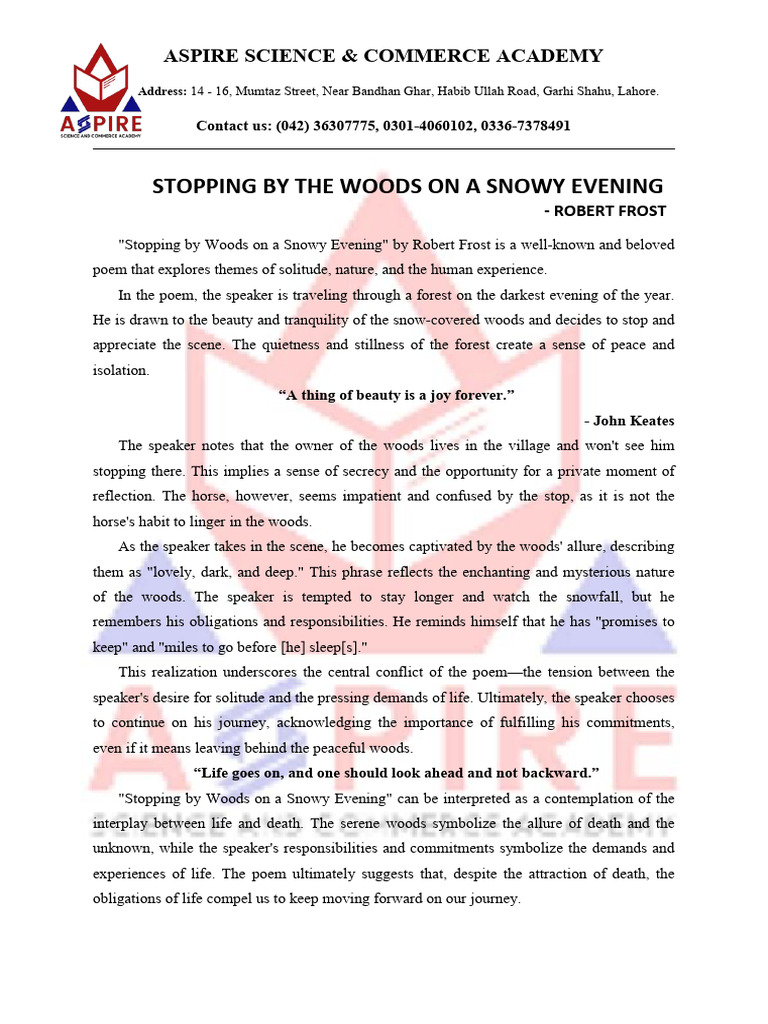 Unit 8 Stopping by The Woods On A Snowy Evening - Summary | PDF