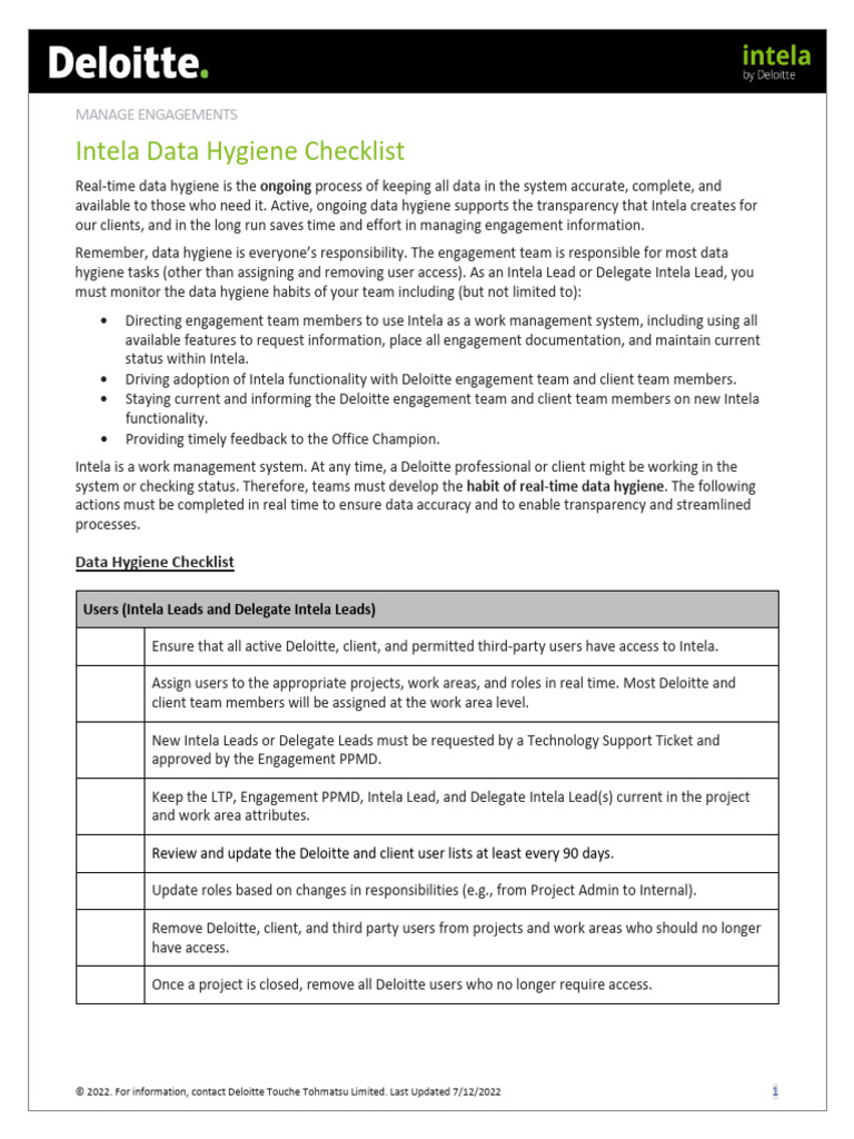 Intela Data Hygiene - Checklist - How To Guide - 4.0 | PDF | Real Time Computing | Computer Science