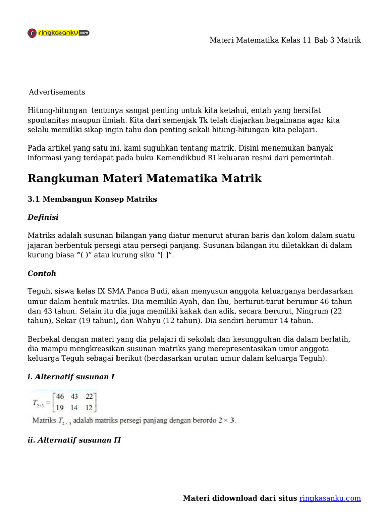 Materi Matematika Kelas 11: Matriks | PDF | Metode & Bahan Ajar