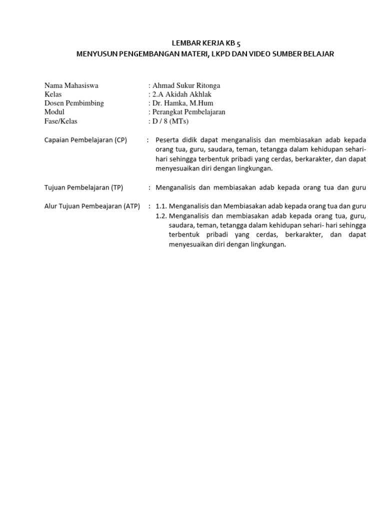 Lembar Kerja KB 5 Menyusun Pengembangan Materi, LKPD Dan Video Sumber Belajar | PDF