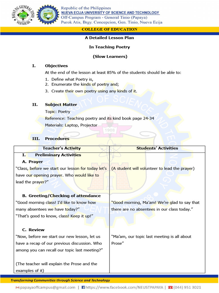 A Detailed Lesson Planshamislowlearner | PDF | Poetry | Lyric Poetry