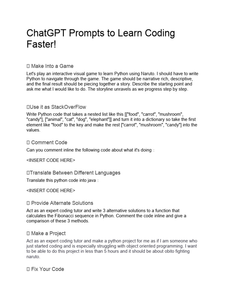 ChatGPT Prompts To Learn Coding Faster | PDF | Career & Growth | Games & Activities