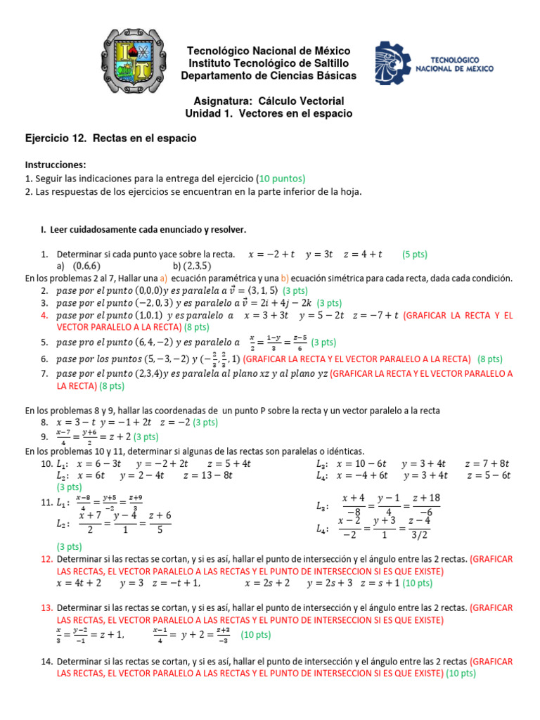 Ejercicio 12. RECTAS EN EL ESPACIO. Evaluación | PDF