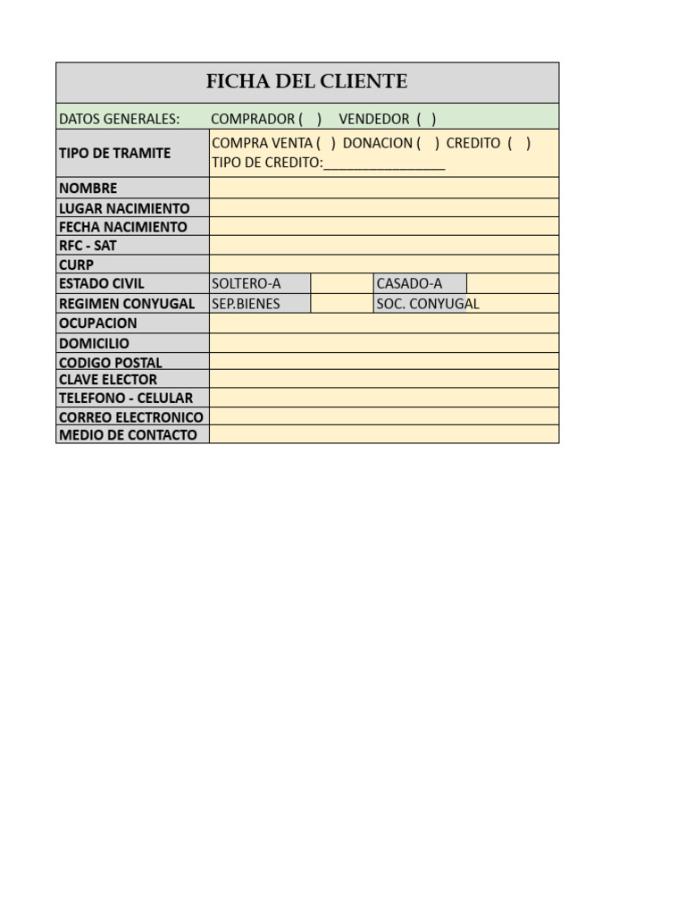 Formato Ficha Del Cliente Compraventa - XLSX - Hoja1 | PDF