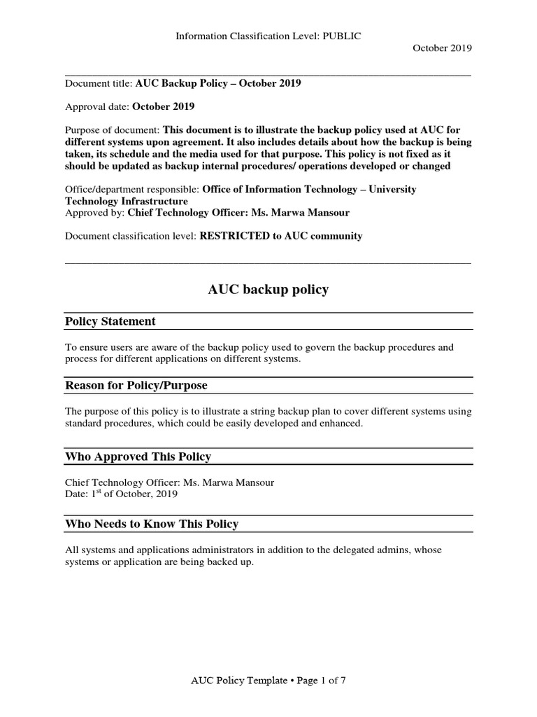 AUC Backup Policy and Procedures | PDF